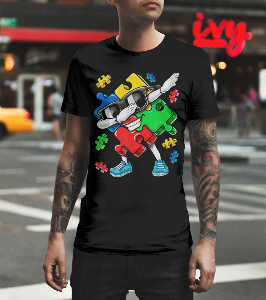 Autism Awareness Cool Dabbing Puzzle Piece Character T-Shirt