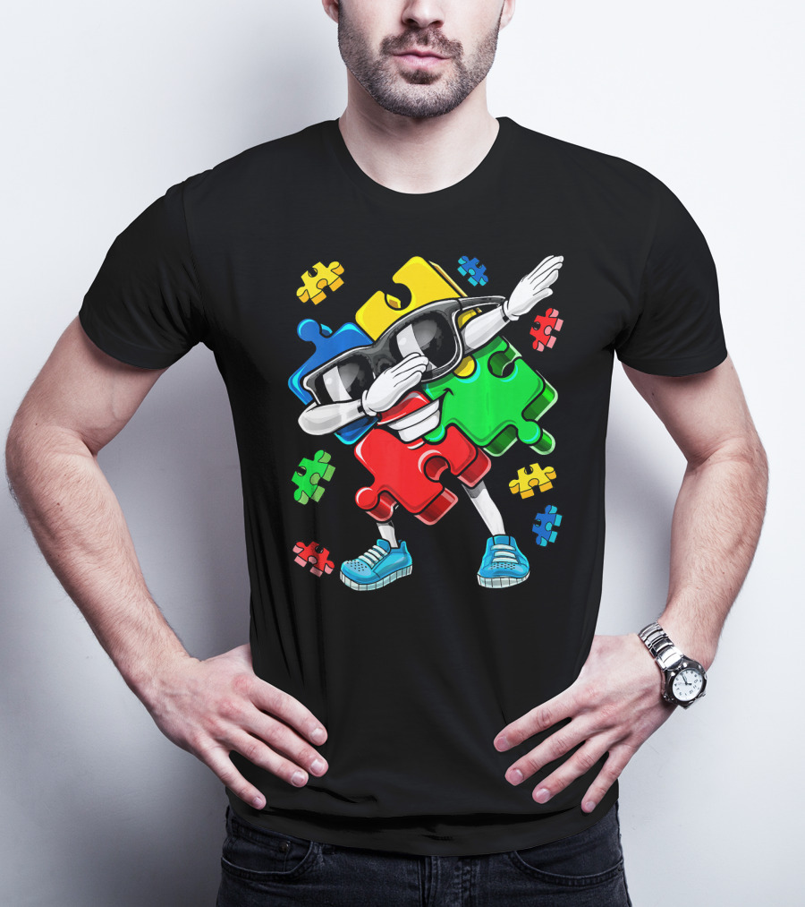 Autism Awareness Cool Dabbing Puzzle Piece Character T-Shirt