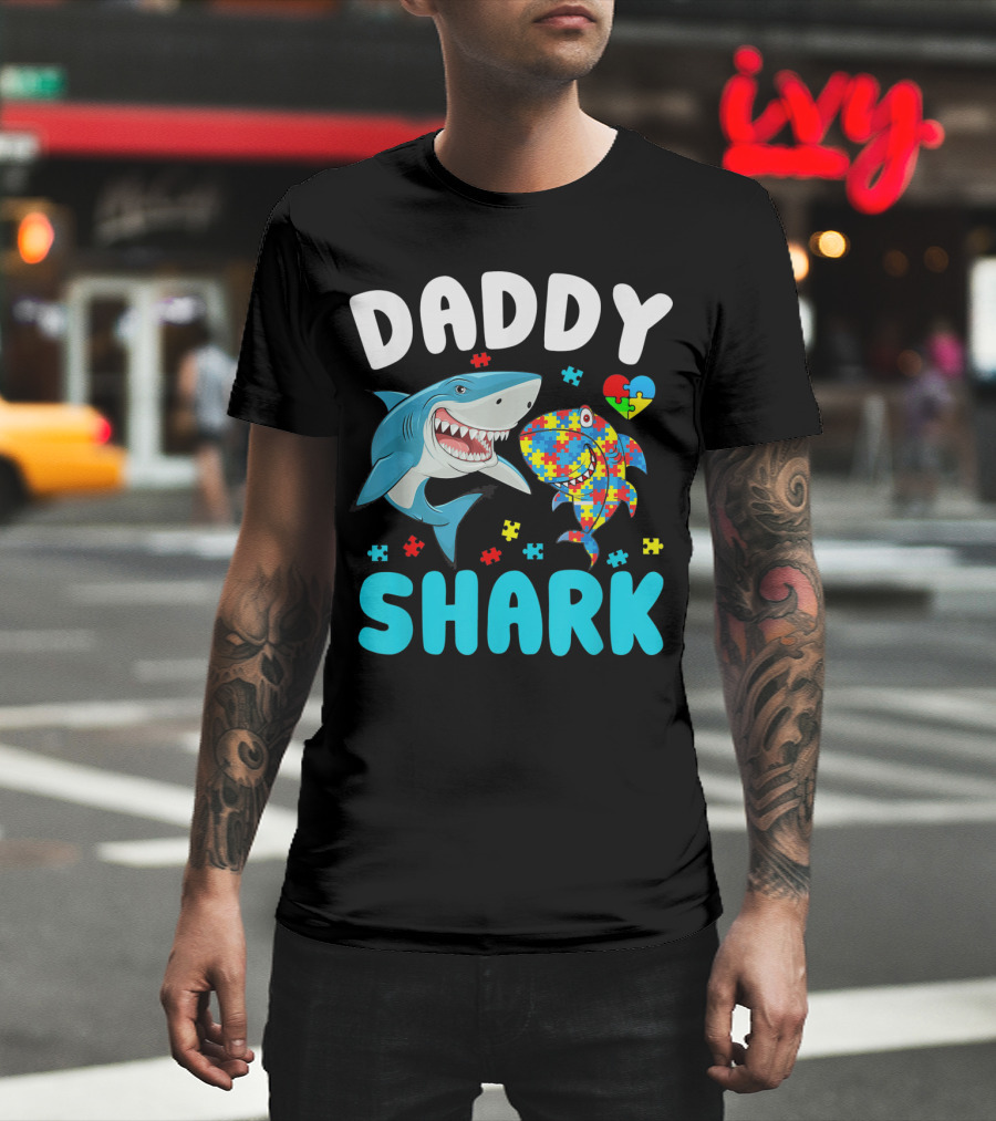 Daddy Shark Autism Awareness Puzzle Heart T-Shirt