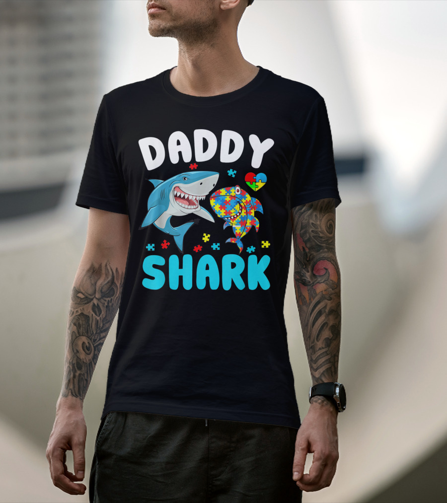 Daddy Shark Autism Awareness Puzzle Heart T-Shirt