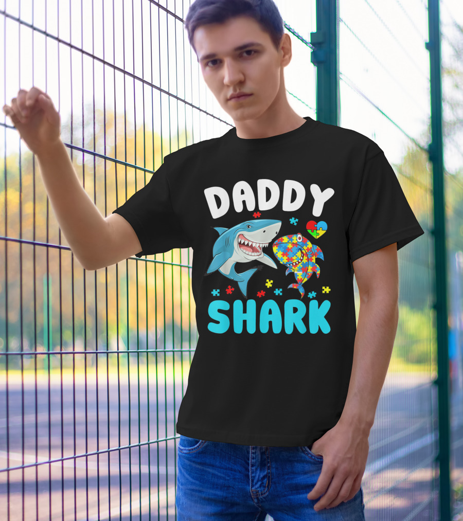 Daddy Shark Autism Awareness Puzzle Heart T-Shirt