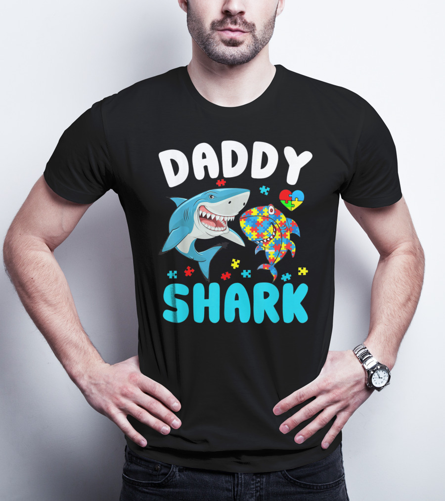 Daddy Shark Autism Awareness Puzzle Heart T-Shirt