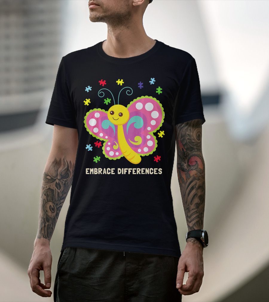 Embrace Differences Autism Awareness Boy Girl Butterfly Puzzle Pieces T-Shirt