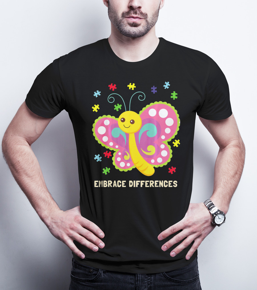 Embrace Differences Autism Awareness Boy Girl Butterfly Puzzle Pieces T-Shirt