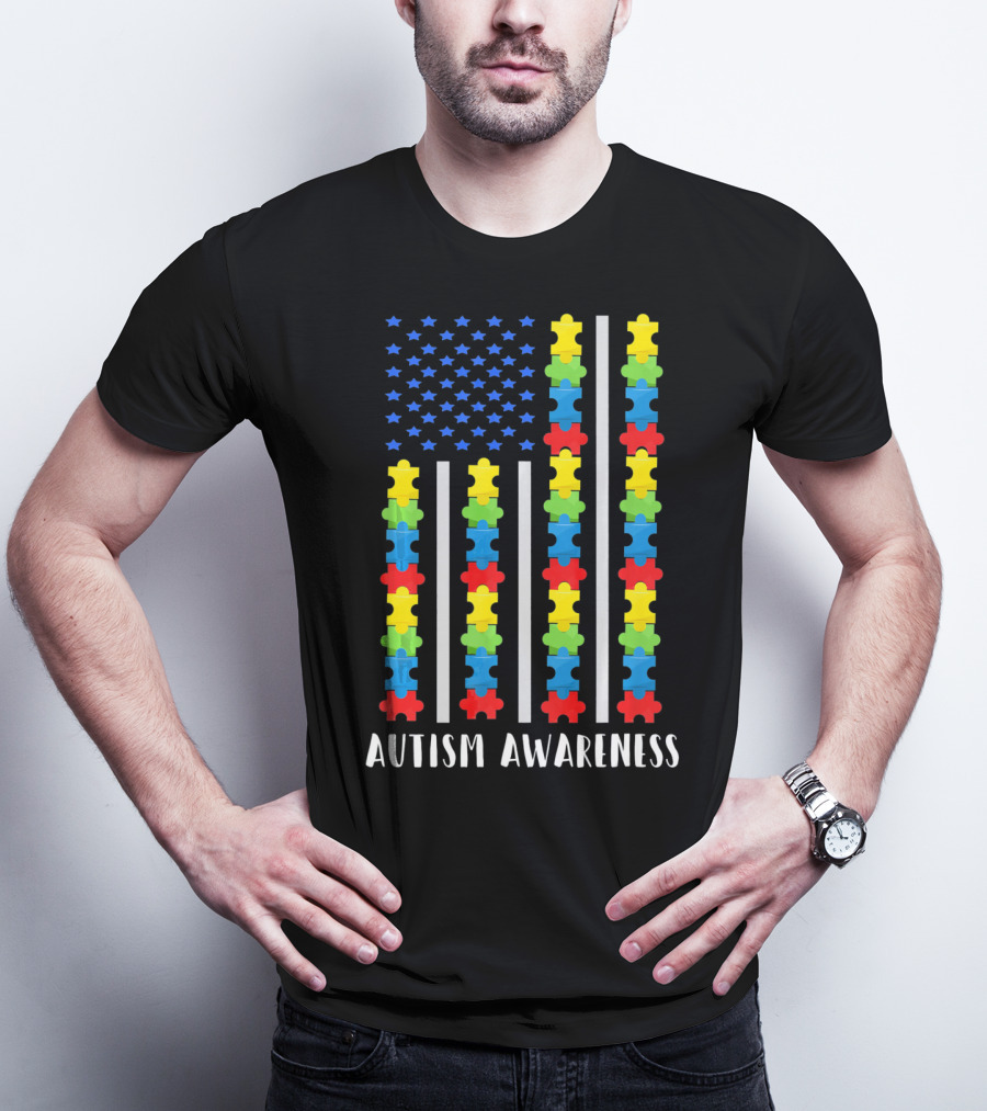 Autism Awareness Puzzle Piece USA Flag T-Shirt