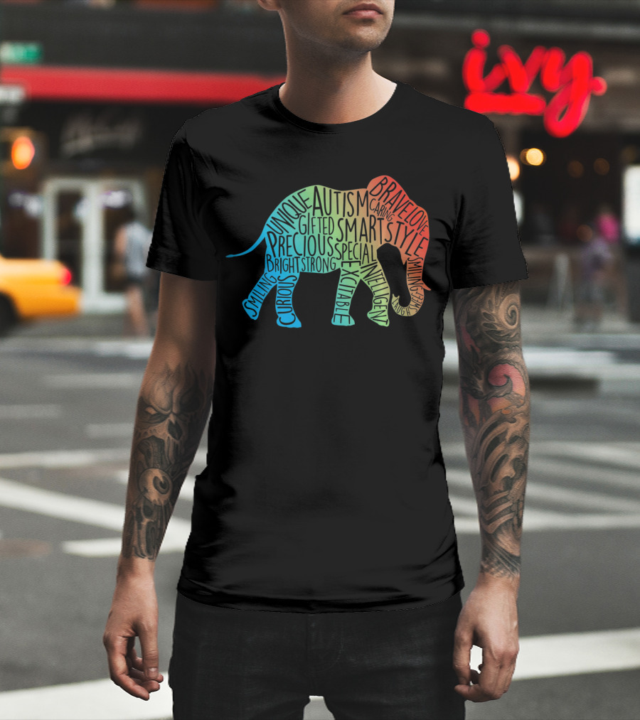 Autism Awareness Elephant Collage Brave Unique Precious Bright Smart Strong T-Shirt