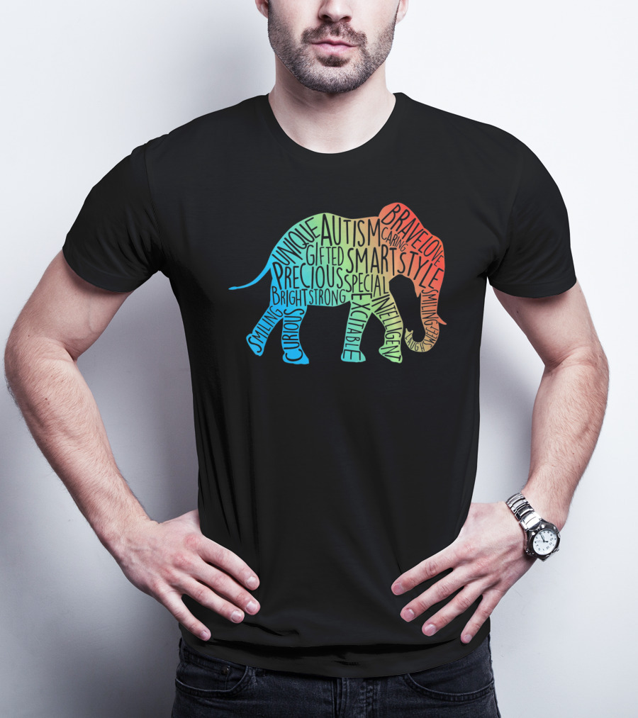 Autism Awareness Elephant Collage Brave Unique Precious Bright Smart Strong T-Shirt