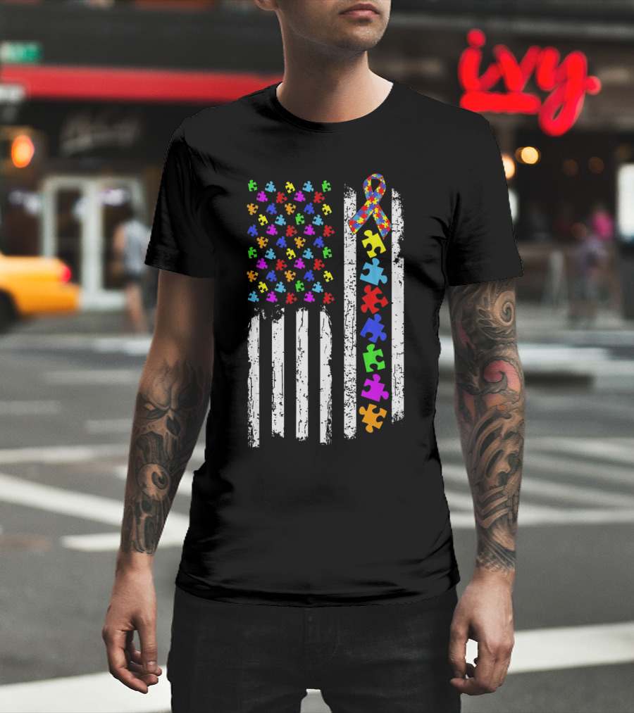 Autism Awareness Puzzle Pieces American Flag T-Shirt