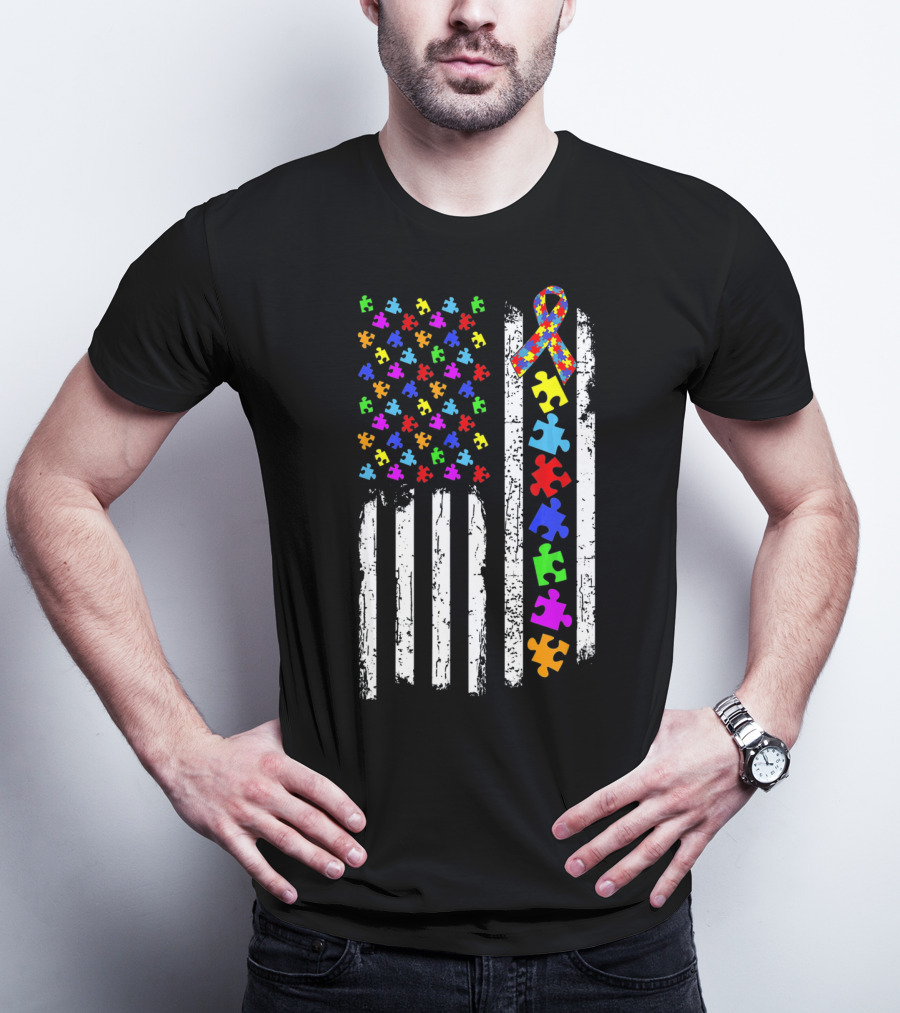 Autism Awareness Puzzle Pieces American Flag T-Shirt