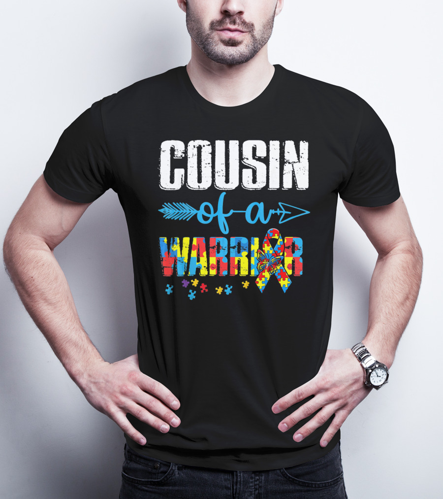 Cousin Of A Warrior Autism Awareness Puzzle Ribbon Butterfly T-Shirt