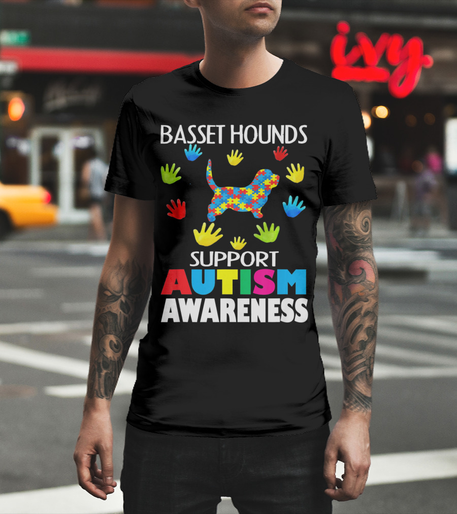 Basset Hounds Support Autism Awareness Puzzle Pattern Hands T-Shirt