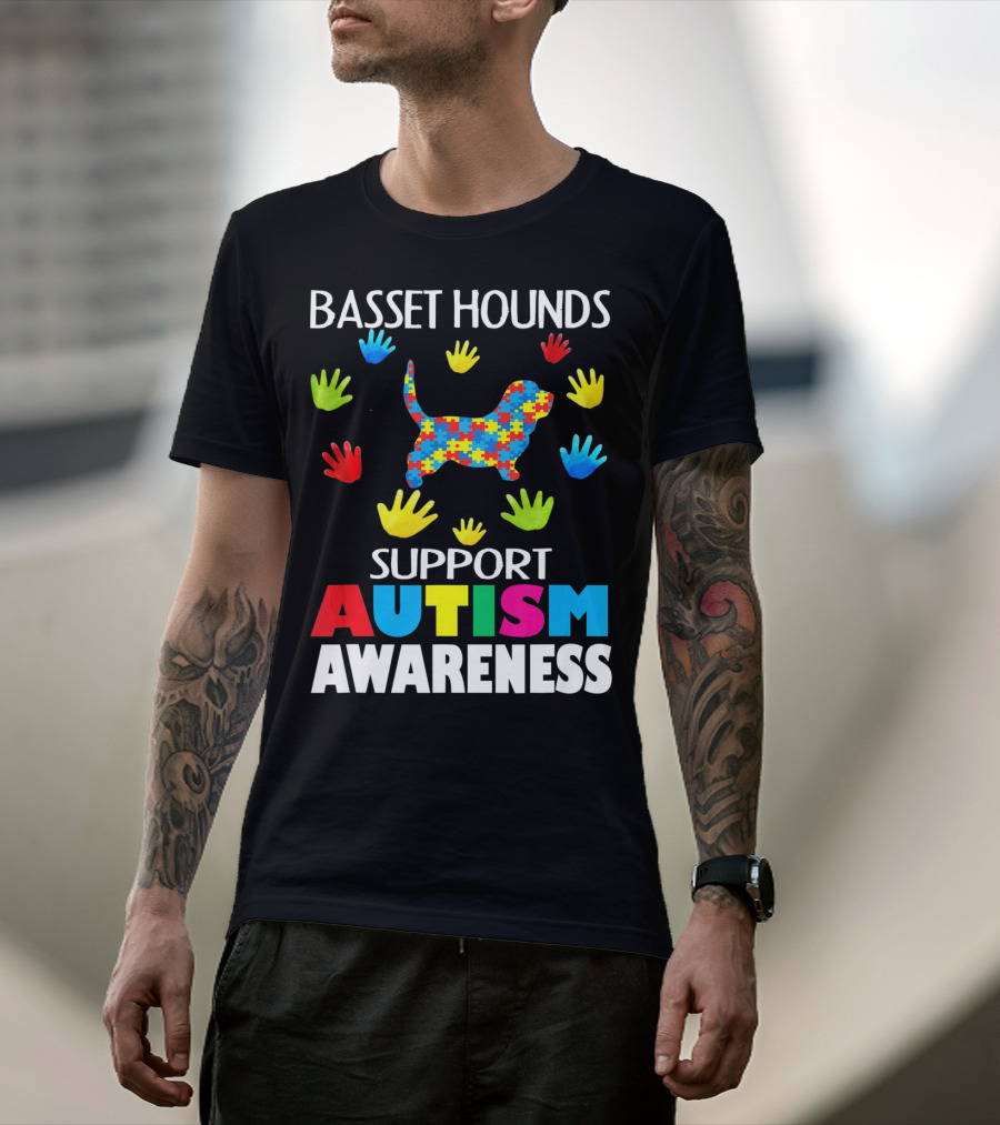 Basset Hounds Support Autism Awareness Puzzle Pattern Hands T-Shirt