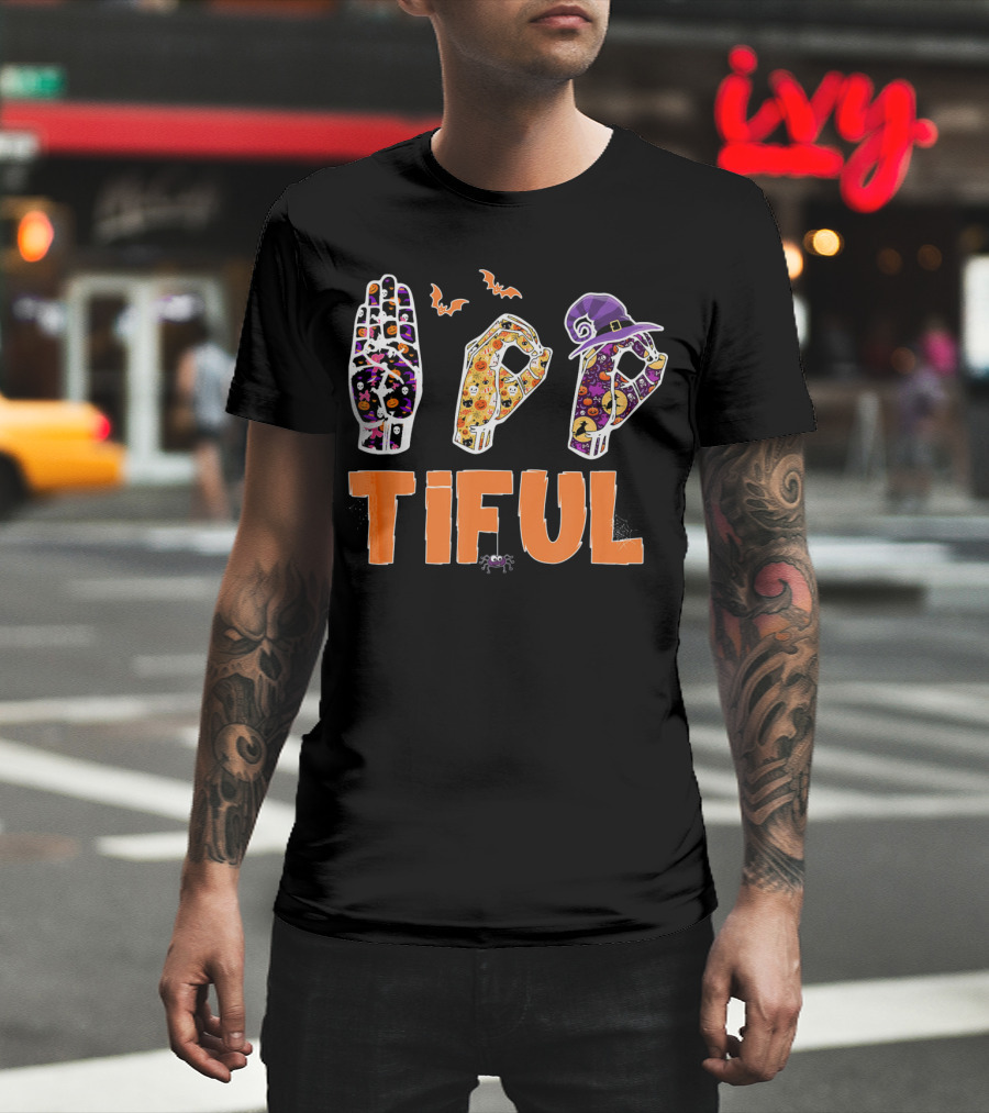 BOO Bootiful Halloween ASL Sign Language Autism With Spooky Hand Signs And Witch Hat T-Shirt