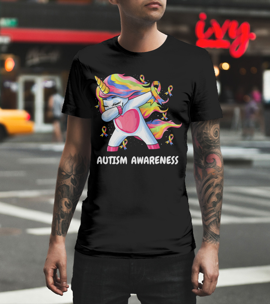 Autism Awareness Dabbing Rainbow Unicorn With Puzzle T-Shirt