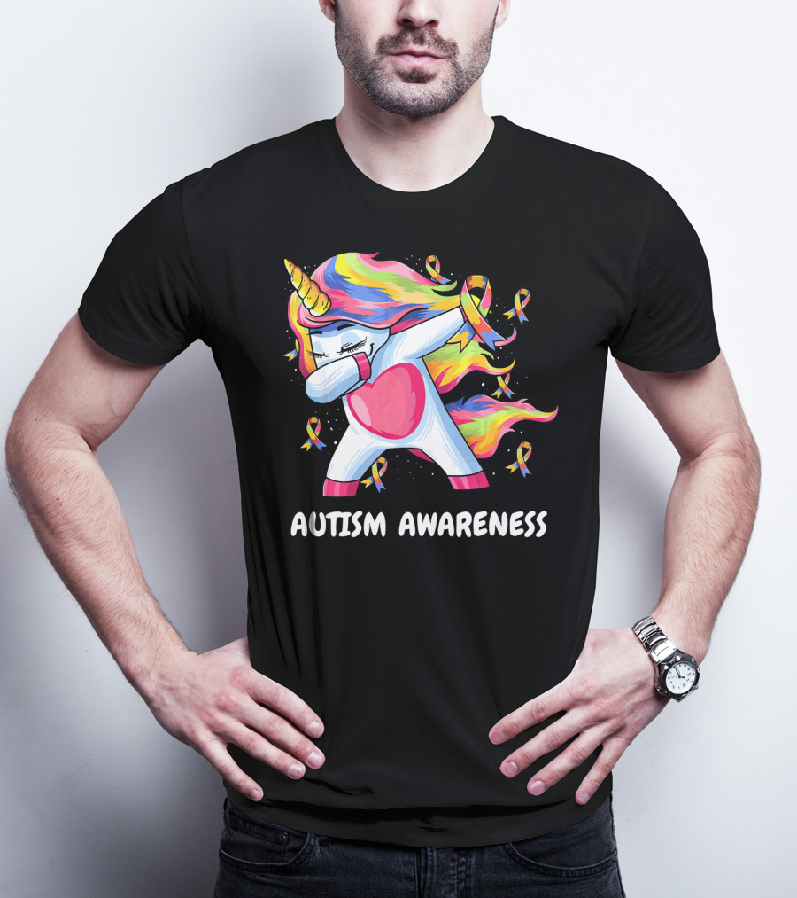 Autism Awareness Dabbing Rainbow Unicorn With Puzzle T-Shirt