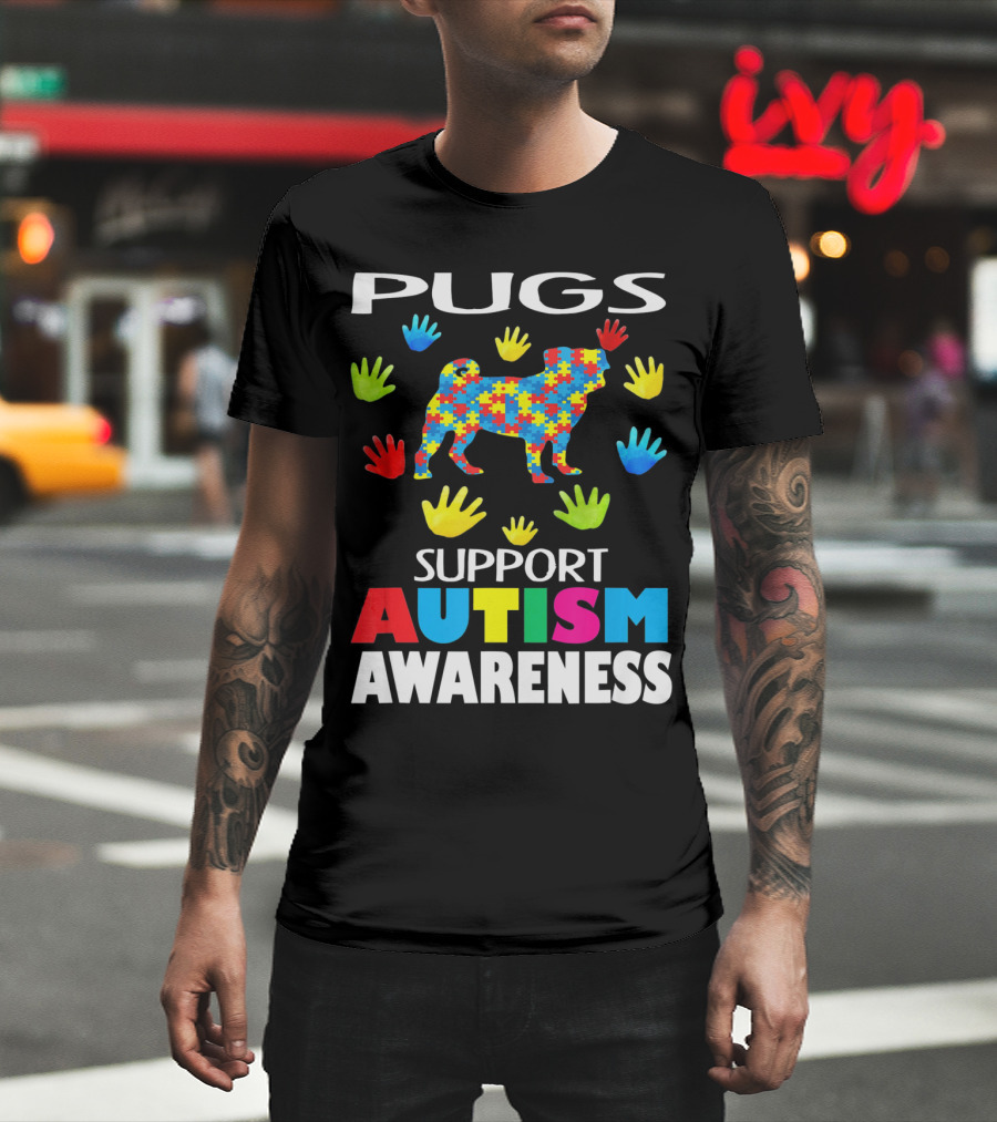 Pugs Support Autism Awareness Puzzle Handprints T-Shirt