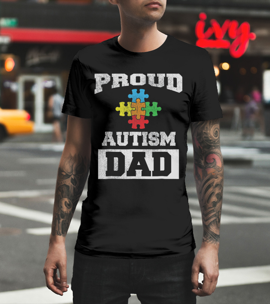 Proud Autism Dad Puzzle Piece Autism Awareness T-Shirt