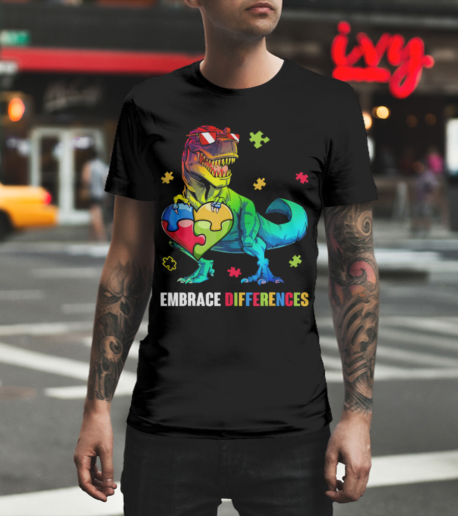Embrace Differences Dinosaur Holding Heart Puzzle Pieces T-Shirt