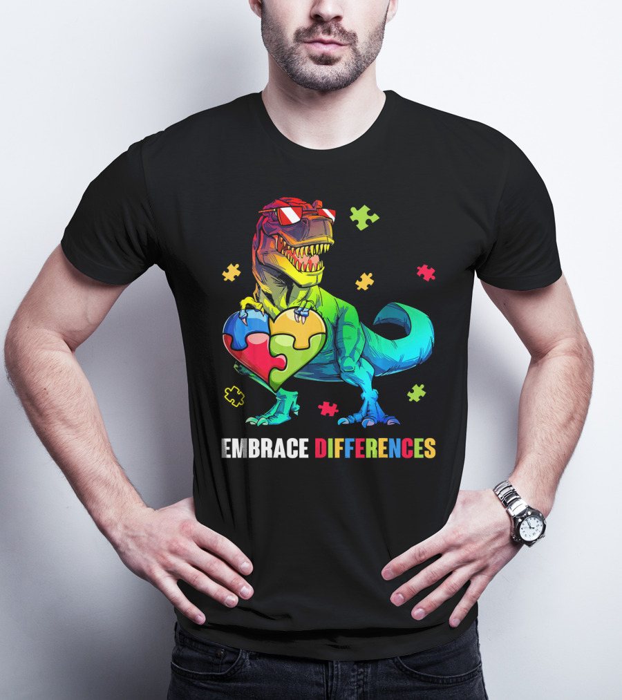 Embrace Differences Dinosaur Holding Heart Puzzle Pieces T-Shirt