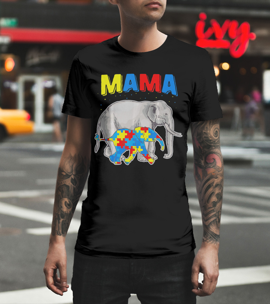 Mama Elephant Puzzle Piece Autism Awareness T-Shirt