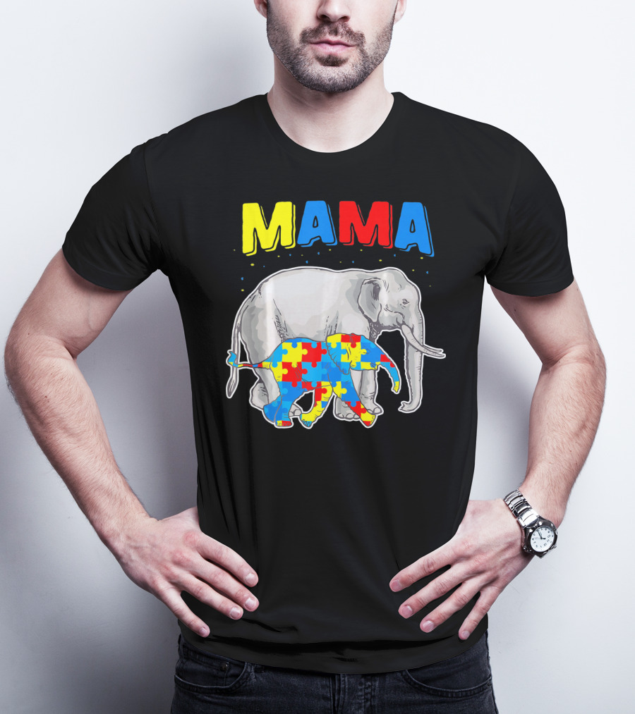 Mama Elephant Puzzle Piece Autism Awareness T-Shirt