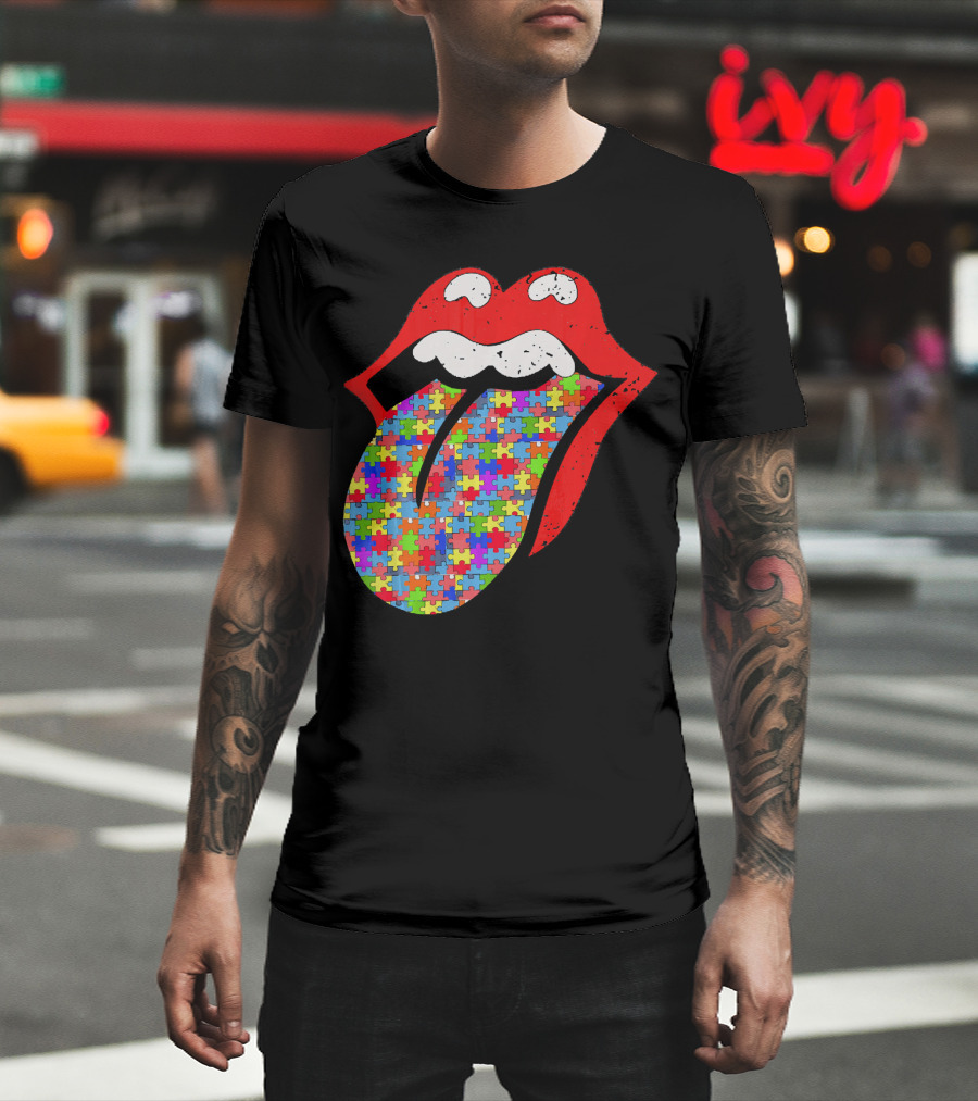 Red Lips Tongue Icon With Colorful Autism Awareness Puzzle Piece T-Shirt