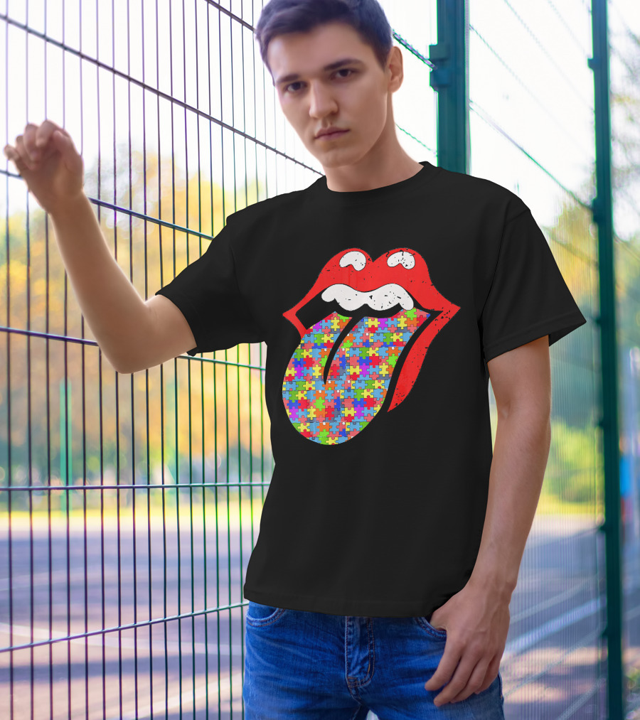 Red Lips Tongue Icon With Colorful Autism Awareness Puzzle Piece T-Shirt