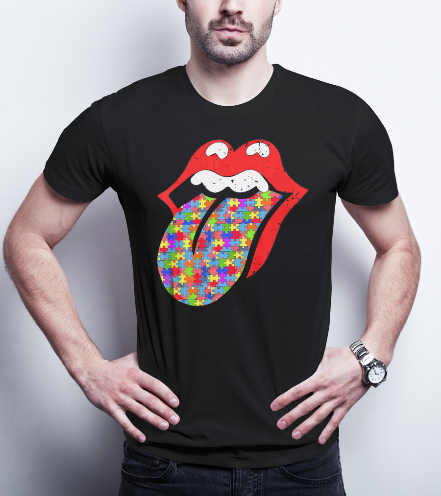 Red Lips Tongue Icon With Colorful Autism Awareness Puzzle Piece T-Shirt