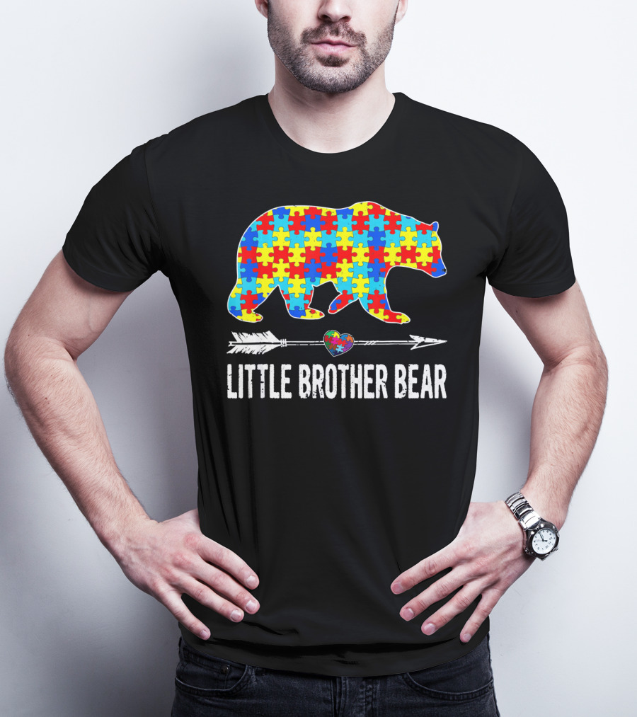 Proud Little Brother Bear Autism Awareness Puzzle T-Shirt