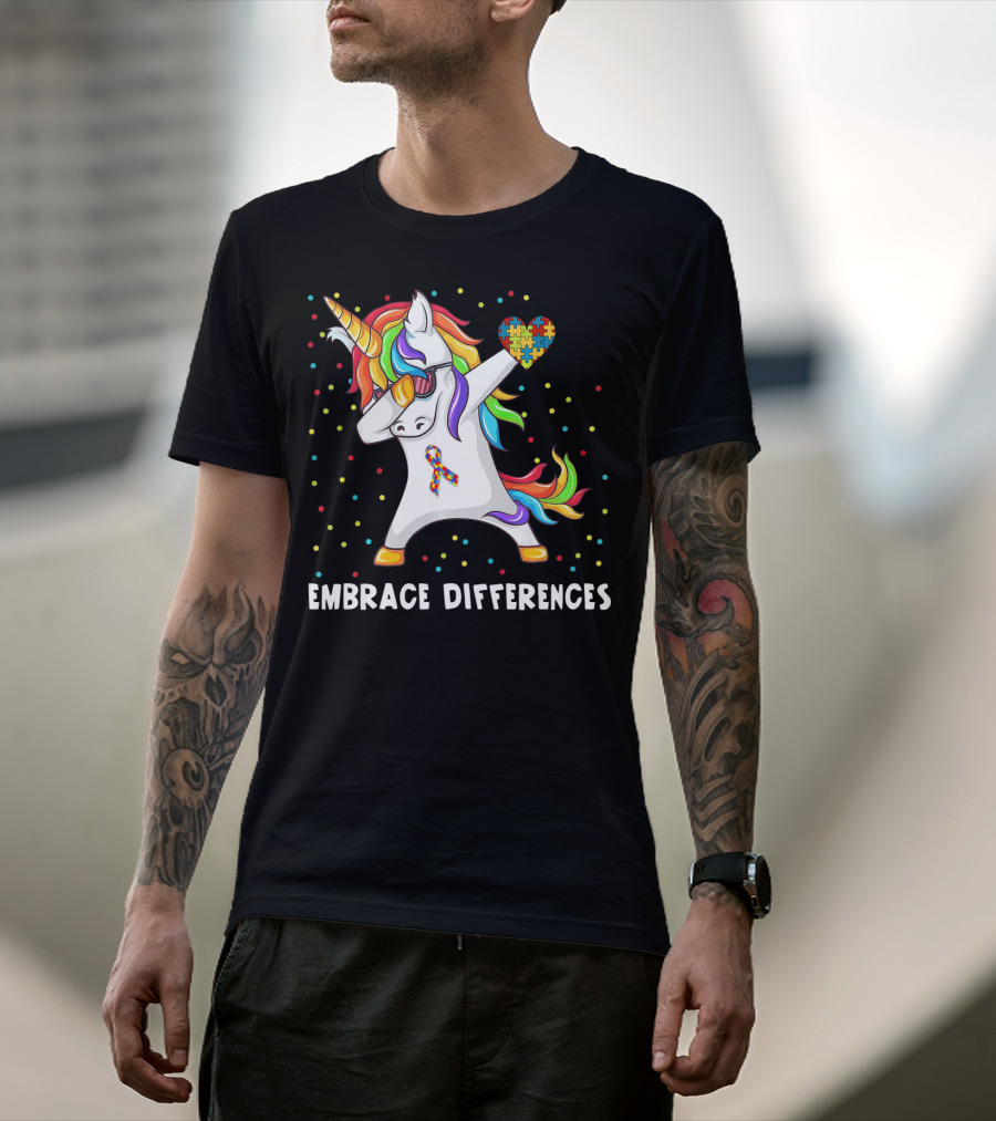 Embrace Differences Rainbow Dabbing Unicorn Puzzle Heart Autism Awareness T-Shirt