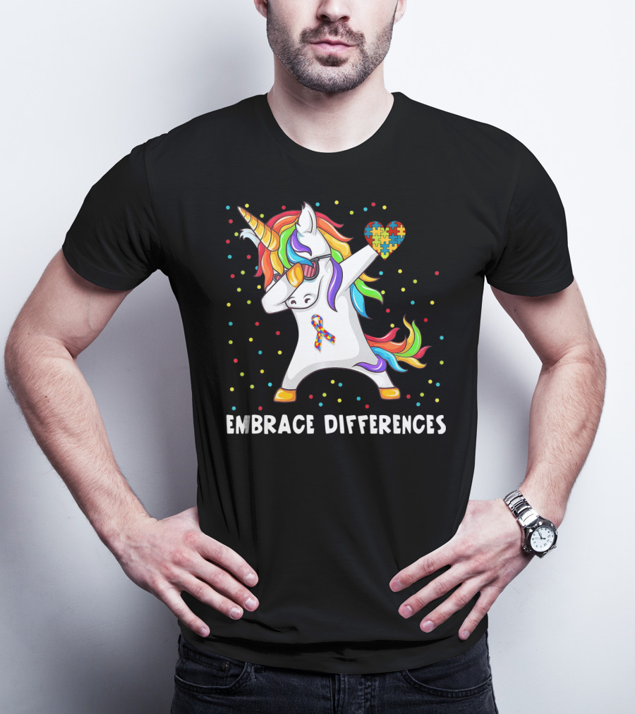 Embrace Differences Rainbow Dabbing Unicorn Puzzle Heart Autism Awareness T-Shirt