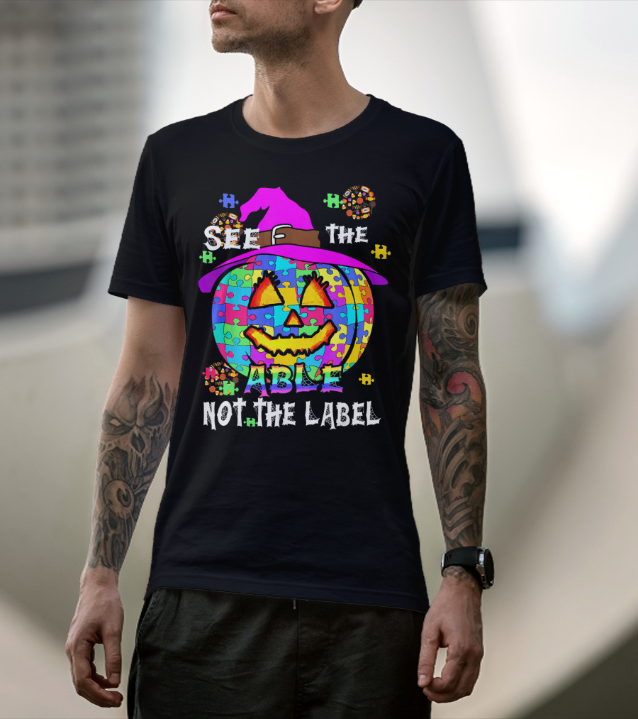 See The Able Not The Label Autism Awareness Pumpkin Puzzle Halloween T-Shirt
