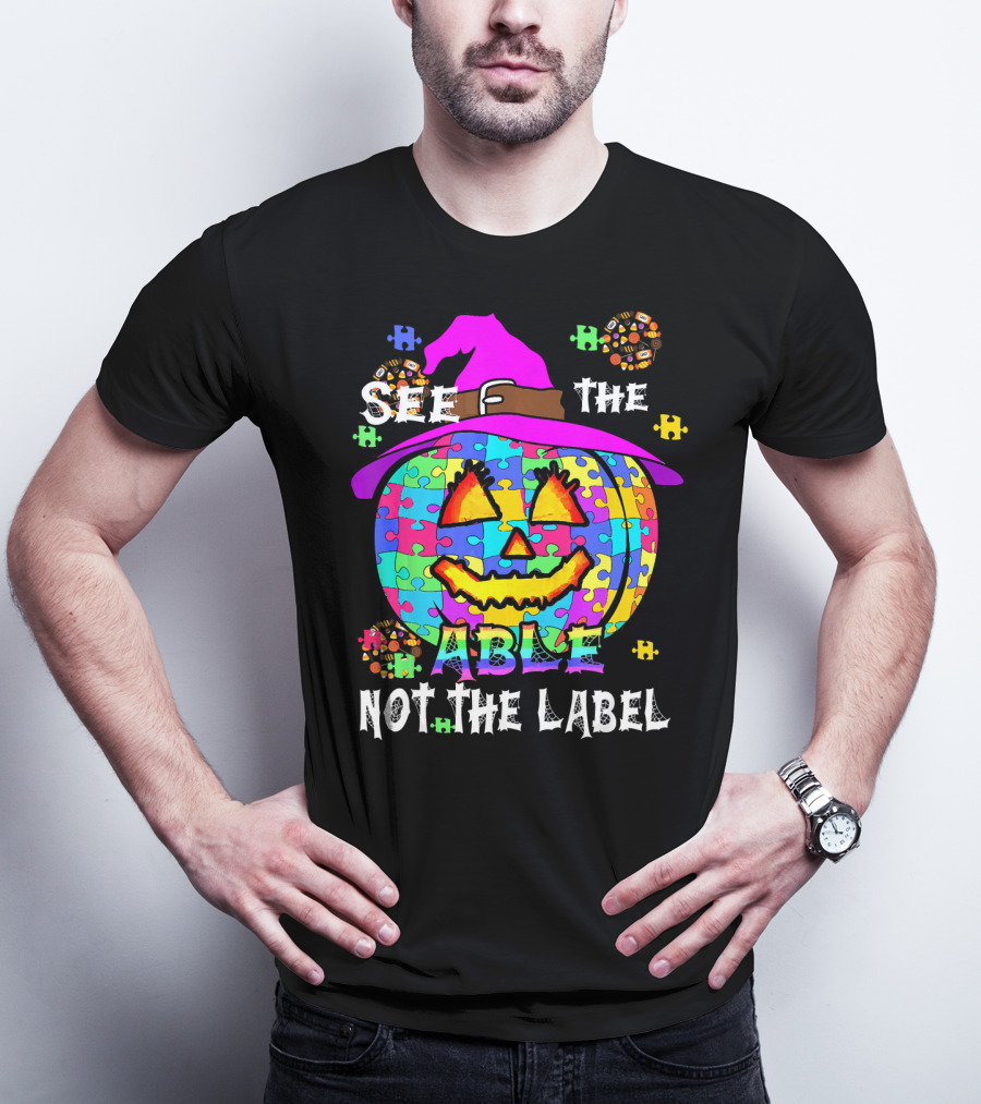 See The Able Not The Label Autism Awareness Pumpkin Puzzle Halloween T-Shirt