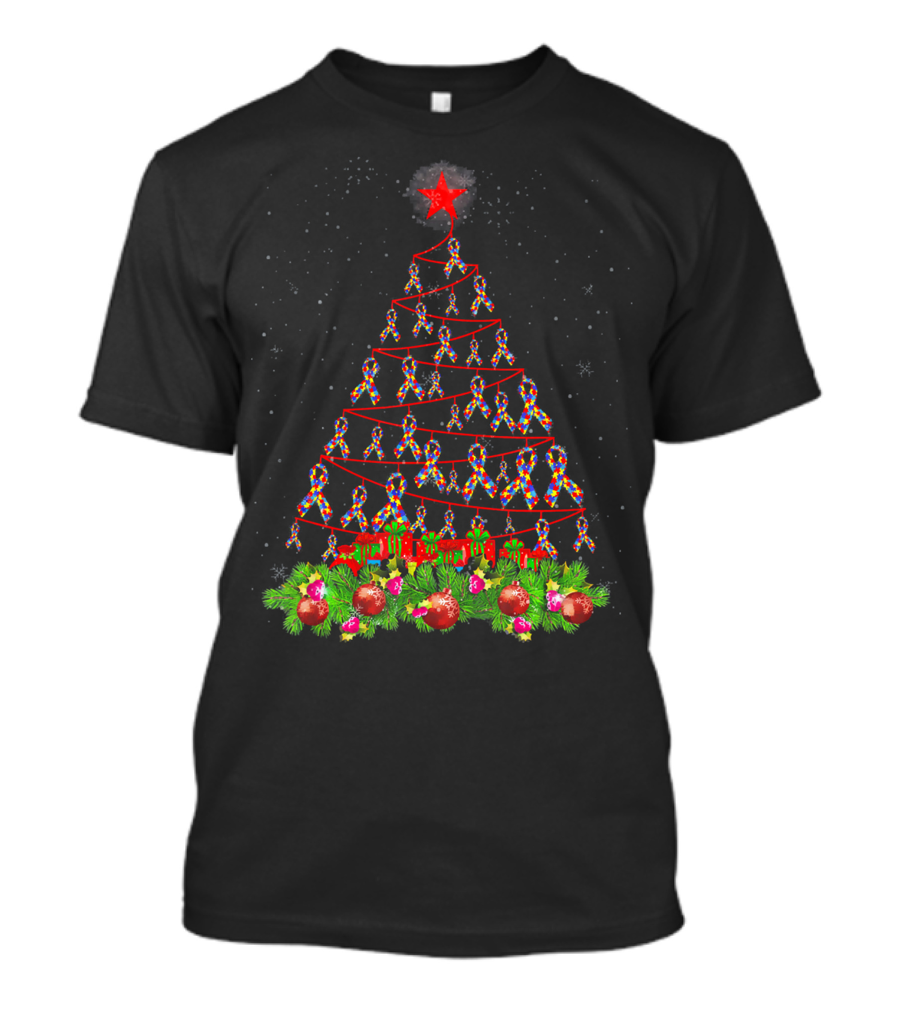Autism Awareness Ribbon Christmas Tree With Red Star And Ornaments T-Shirt