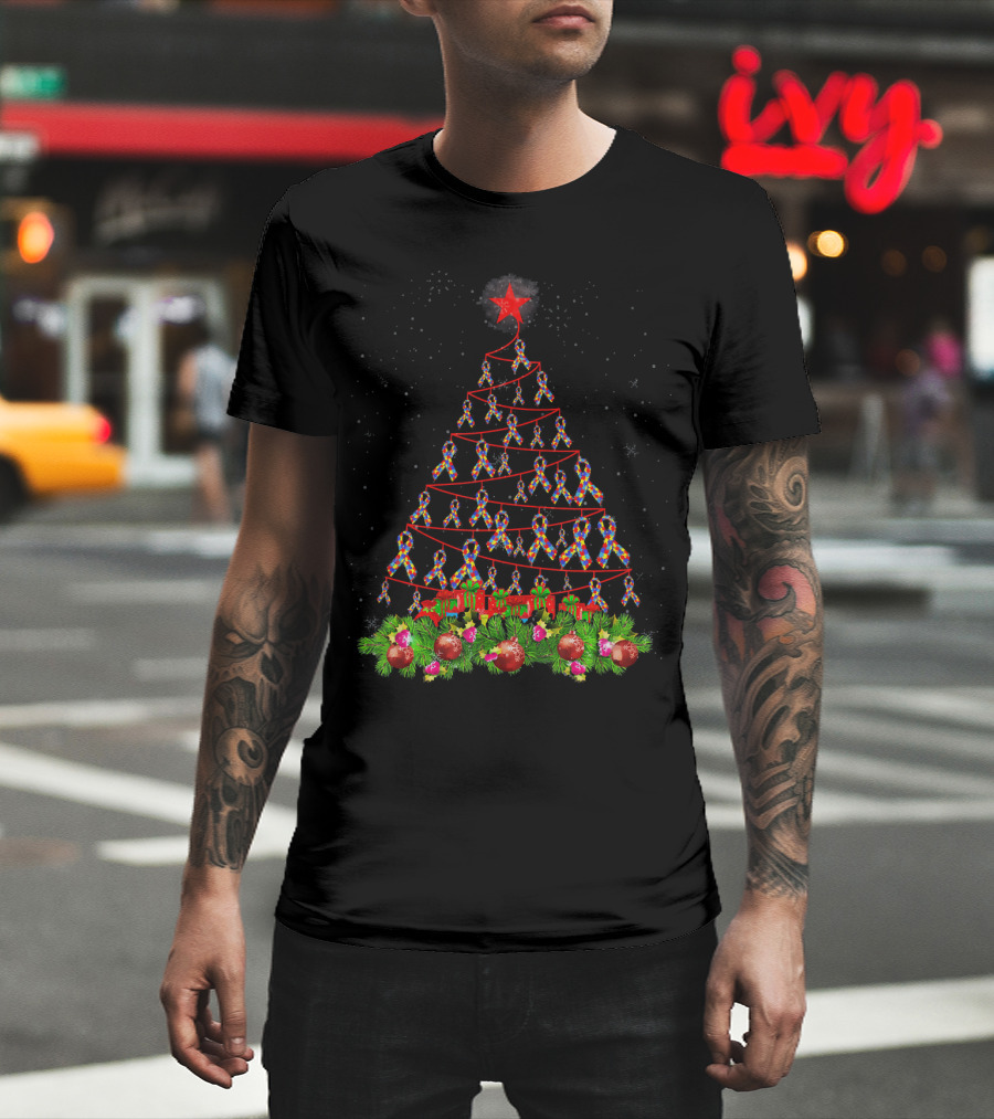 Autism Awareness Ribbon Christmas Tree With Red Star And Ornaments T-Shirt