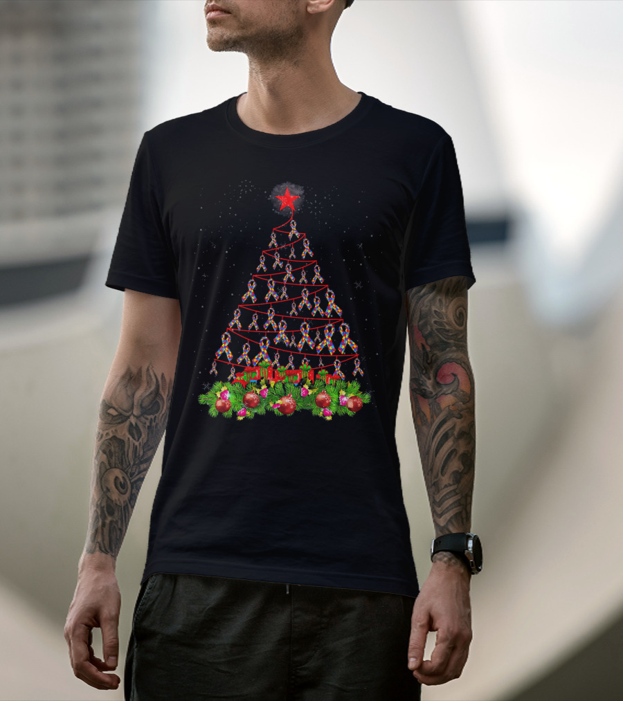 Autism Awareness Ribbon Christmas Tree With Red Star And Ornaments T-Shirt