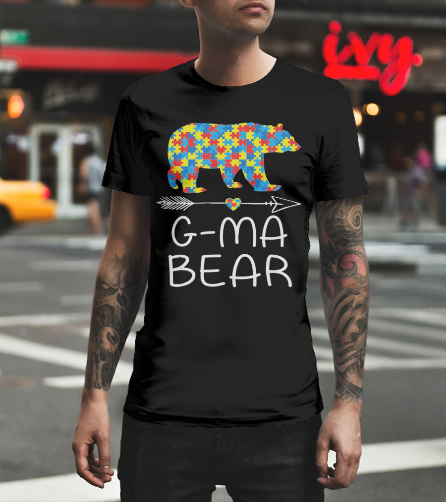 G-Ma Bear Autism Awareness Puzzle Pattern Arrow Heart T-Shirt