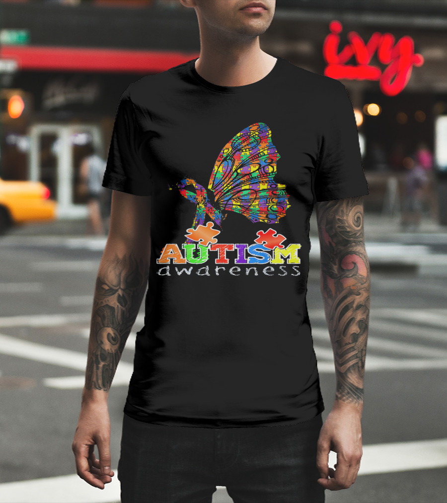Autism Awareness Butterfly Ribbon Puzzle Autism Awareness T-Shirt