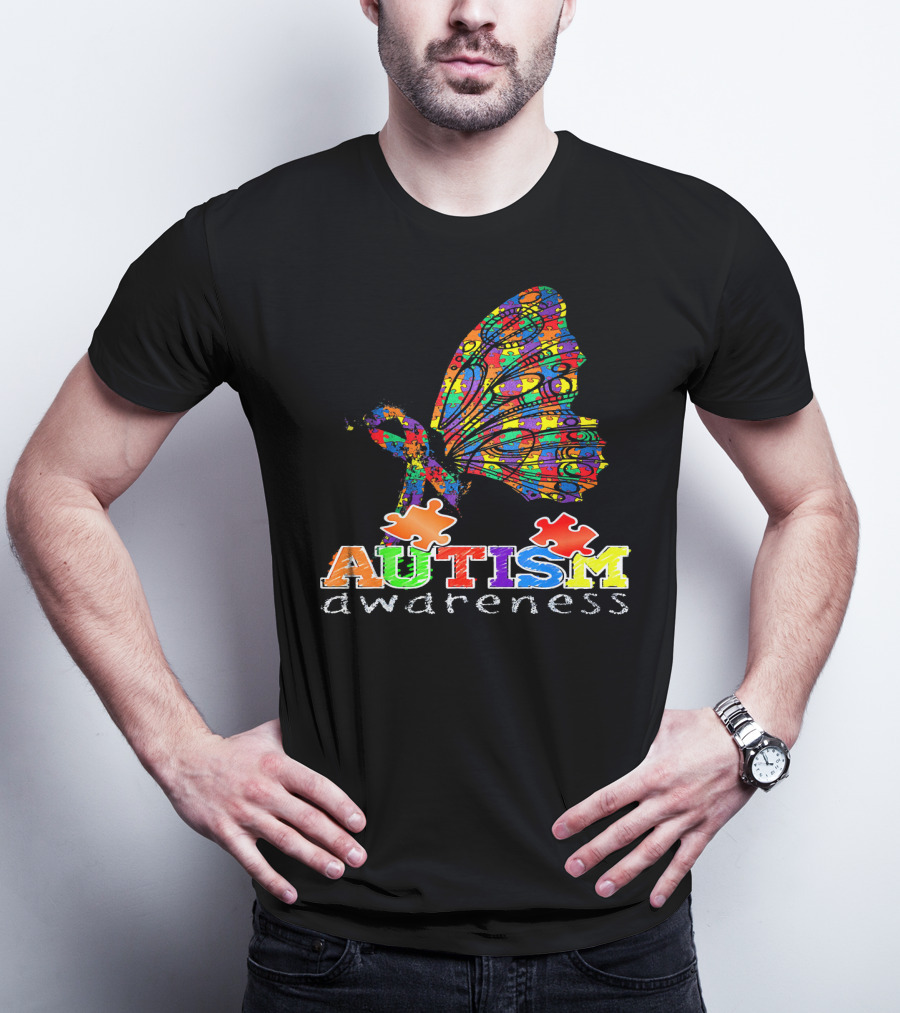 Autism Awareness Butterfly Ribbon Puzzle Autism Awareness T-Shirt