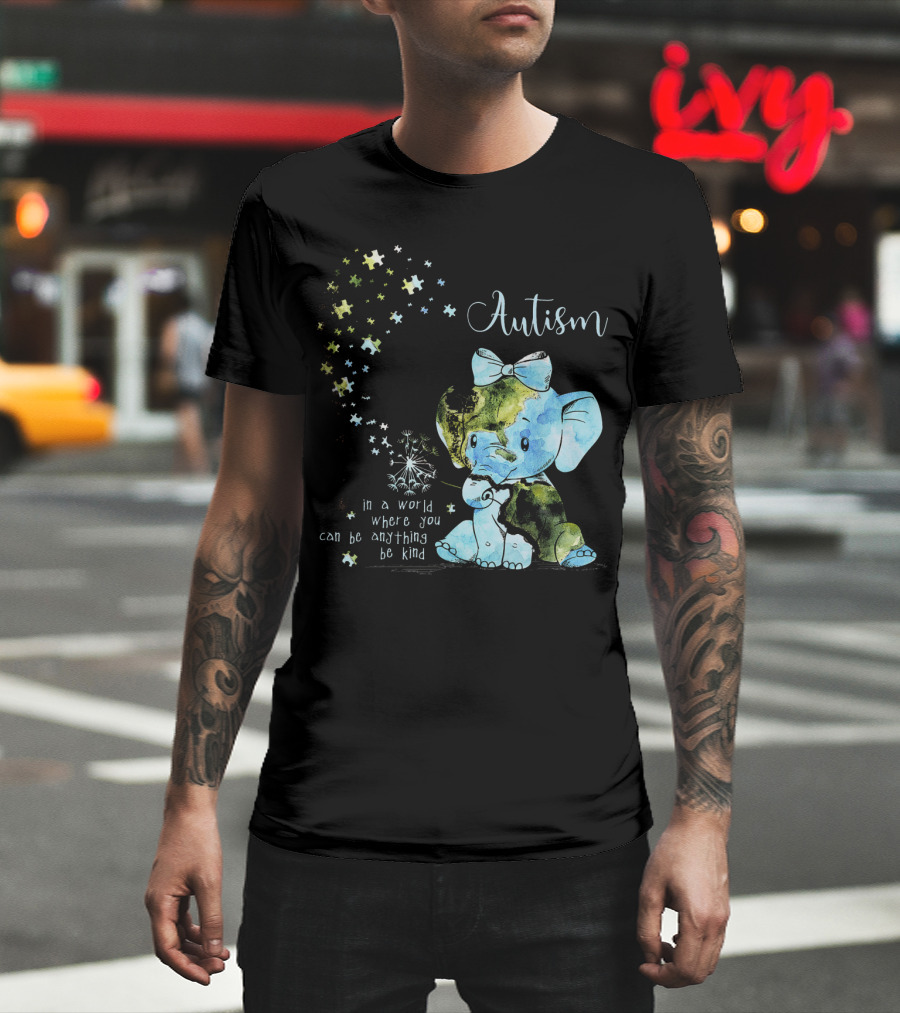 Autism Awareness Be Kind Elephant Dandelion Puzzle Pieces T-Shirt