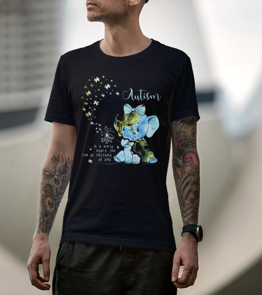 Autism Awareness Be Kind Elephant Dandelion Puzzle Pieces T-Shirt