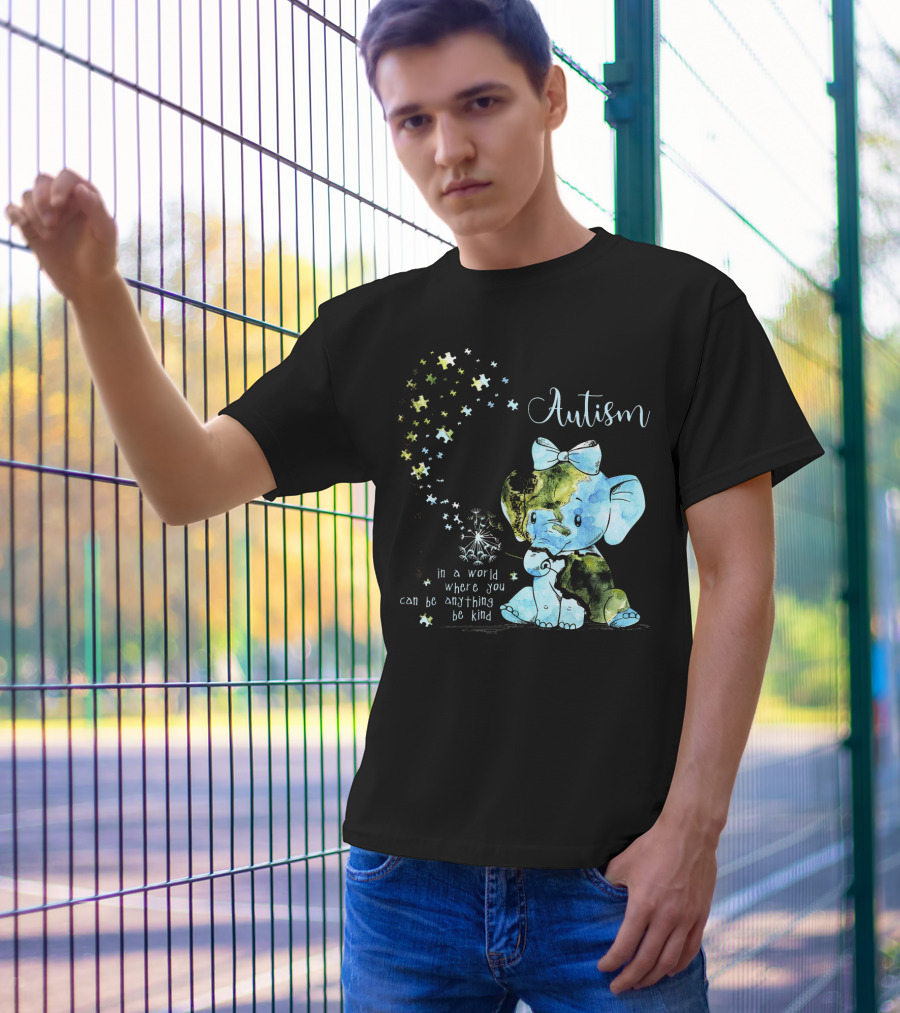 Autism Awareness Be Kind Elephant Dandelion Puzzle Pieces T-Shirt