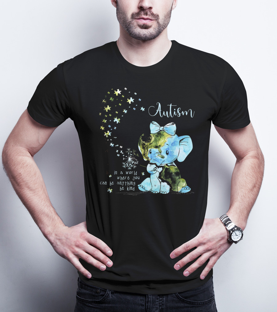 Autism Awareness Be Kind Elephant Dandelion Puzzle Pieces T-Shirt