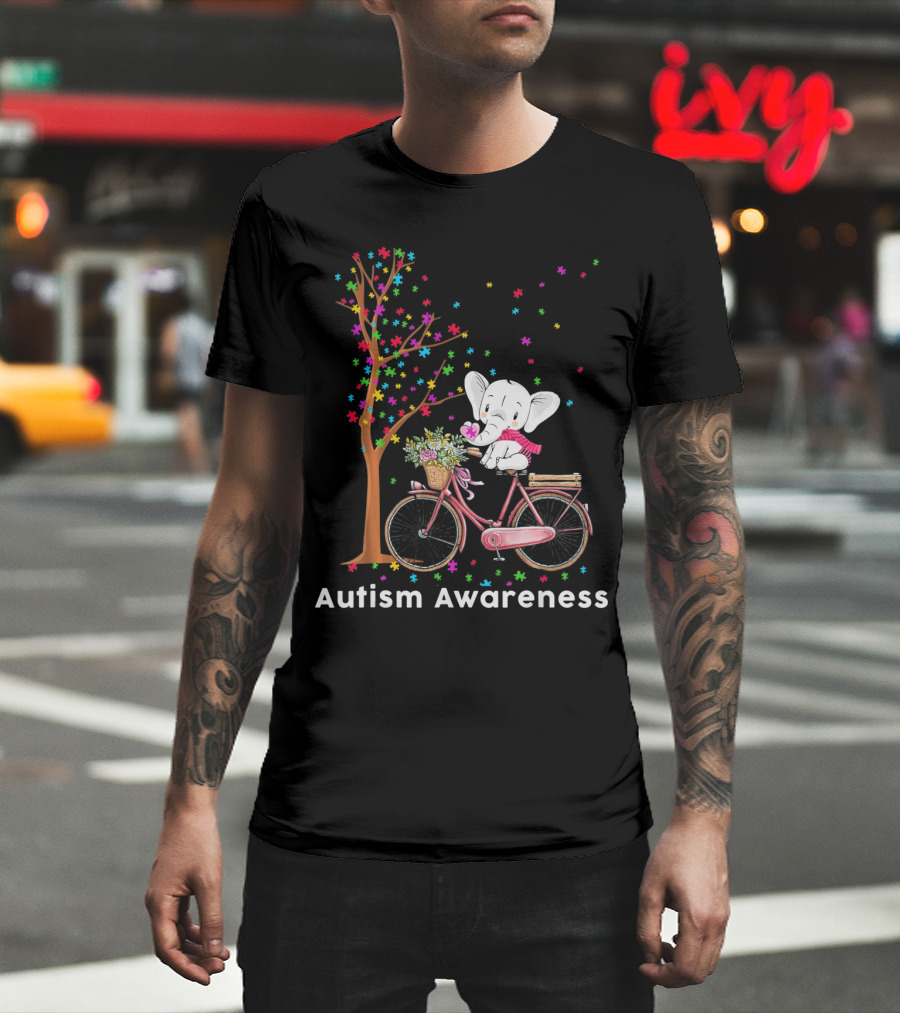 Autism Awareness Elephant Riding Bicycle With Puzzle Pieces And Tree T-Shirt