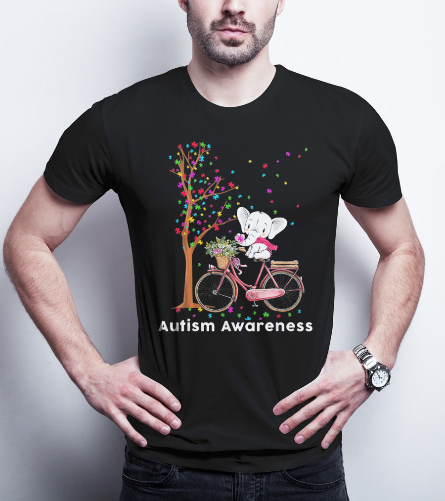 Autism Awareness Elephant Riding Bicycle With Puzzle Pieces And Tree T-Shirt