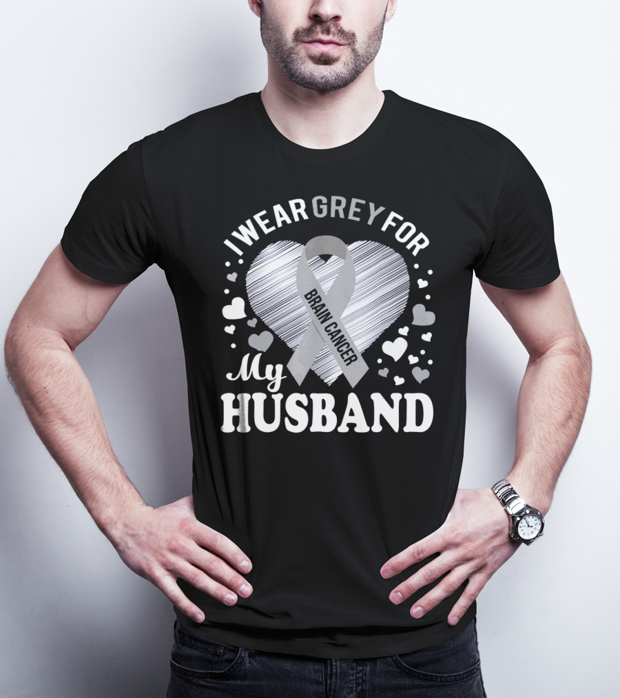 I Wear Grey For My Husband Brain Cancer Ribbon Heart T-Shirt