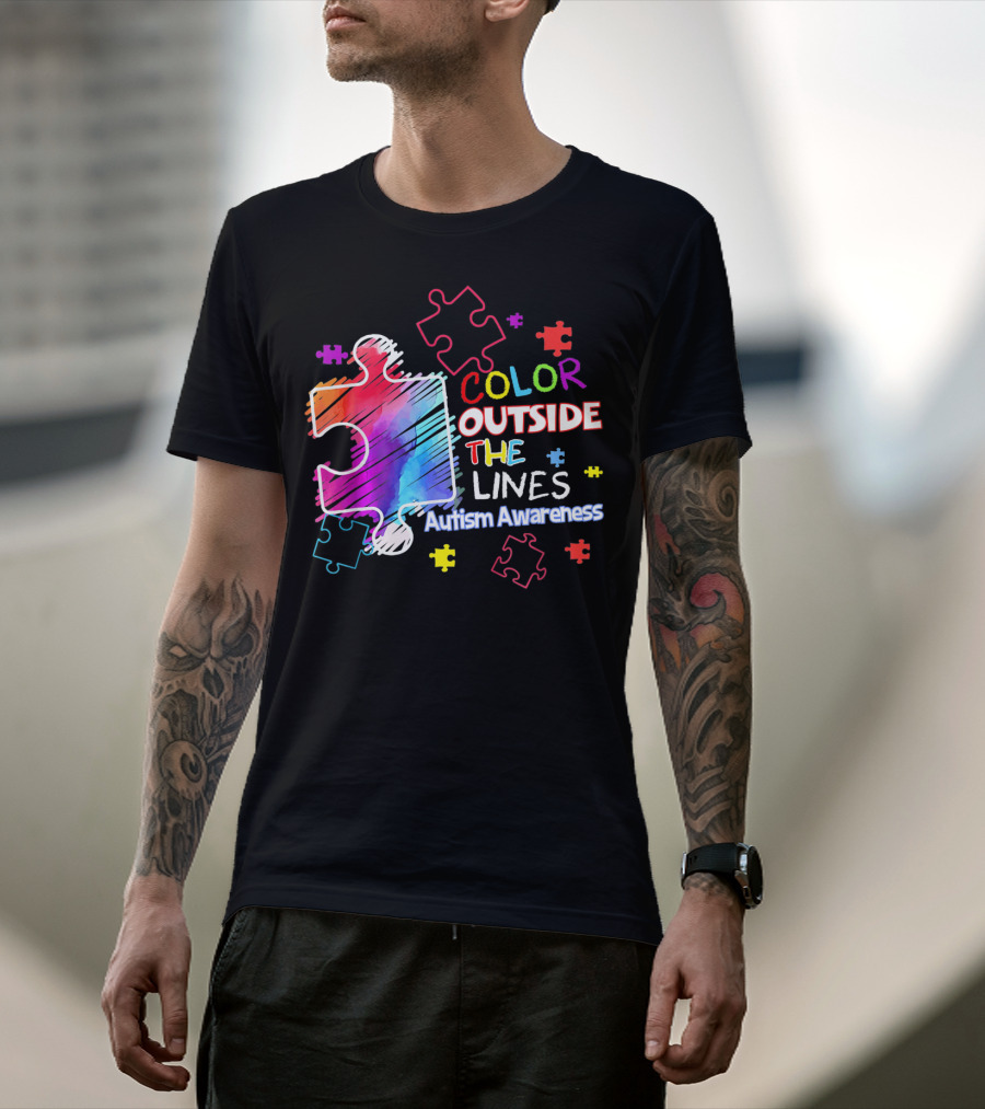 Autism Awareness Color Outside The Lines Puzzle Pieces T-Shirt