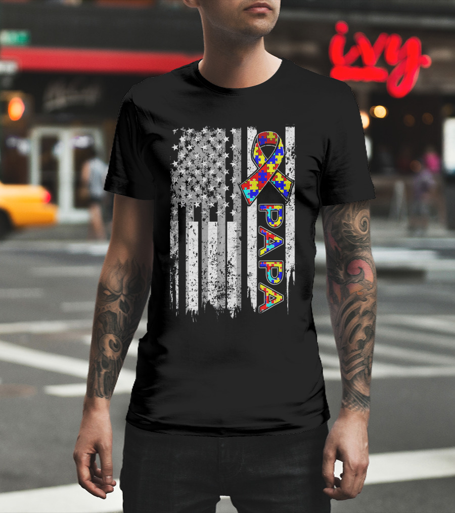 Papa Autism Awareness Puzzle Ribbon American Flag T-Shirt