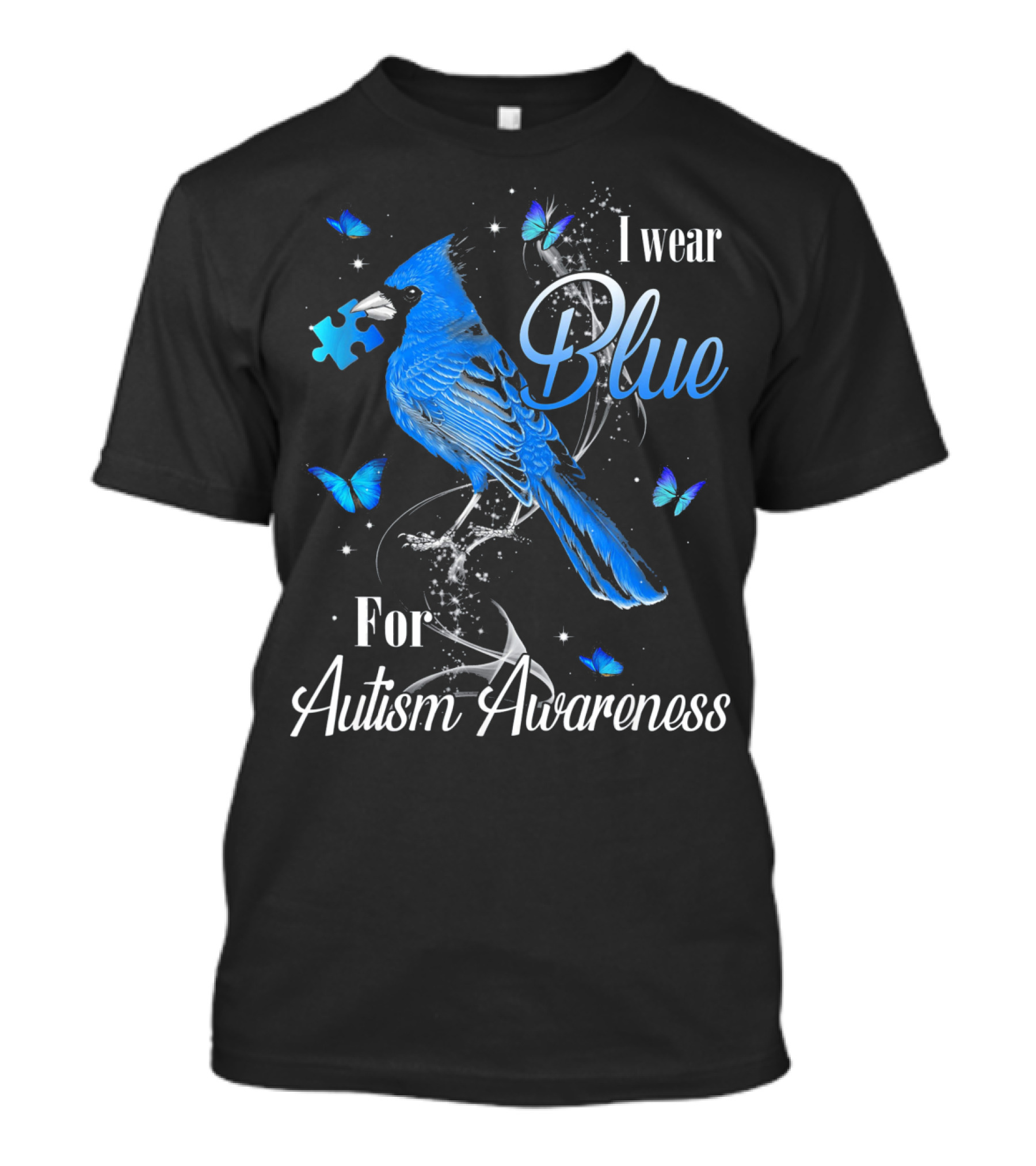 I Wear Blue For Autism Awareness Cardinal Bird Puzzle Piece Butterfly T-Shirt