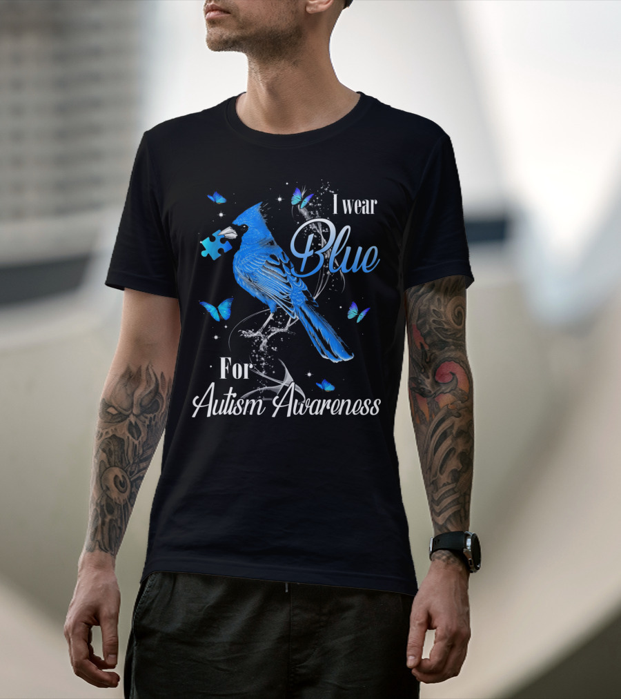 I Wear Blue For Autism Awareness Cardinal Bird Puzzle Piece Butterfly T-Shirt